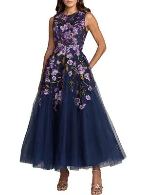 Mac Duggal Embroidered Sleeveless A-line Midi Dress - Midnight Multi