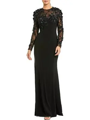 Mac Duggal Petite Long Sleeve Floral Embellished Column Gown - Black