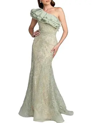 Mac Duggal Embroidered Organza One Shoulder Beaded Gown - Sage