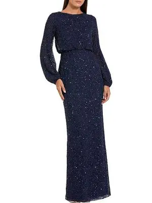 Mac Duggal Sequin Blouson Long Sleeve Gown - Navy