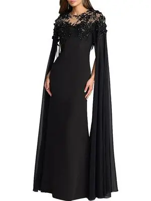 Mac Duggal Floral Embellished Crepe Gown With Chiffon Cape - Black
