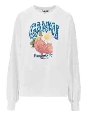 GANNI Long Sleeve Cotton Strawberry Print T-shirt - White