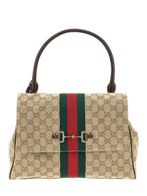 Gucci GUCCI GG Fabric Medium Shoulder Bag With Horsebit Detail Beige