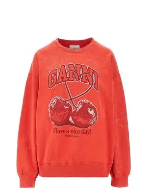 GANNI Cotton Sweatshirt With Cherry Print And Vintage Effect - Red