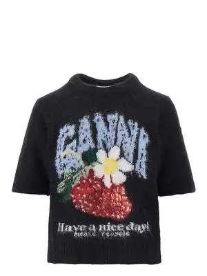 GANNI Wool-blend Knitted Short-sleeved Top With Embroidered Strawberry Motif - Black