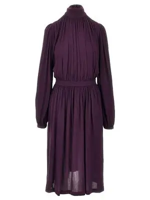 Gucci Crepe Jersey High-neck Midi Dress With Pleated Motif - Purple