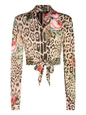 Roberto Cavalli Leopard And Floral Print Cropped Shirt - Neutrals