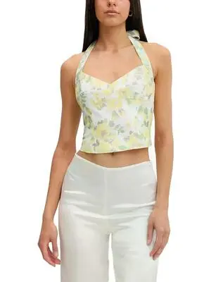 Bardot Deserae Floral Print Halterneck Cropped Top - Yellow