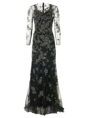 Carolina Herrera Trumpet Gown With Pewter Floral Embroidery - Black