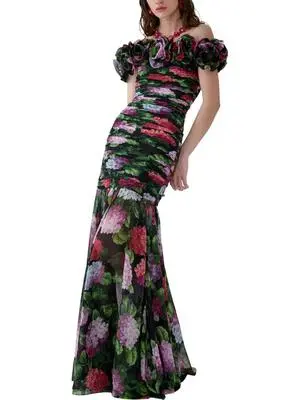 Carolina Herrera Chiffon Evening Gown With Off-the-shoulder Design And Hydrangea Print - Black