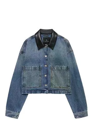 ANINE BING Yuma Cropped Denim Jacket With Leather Collar - Blue