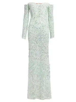 Elie Saab Off-shoulder Maxi Dress With Bead And Sequin Embellishments - Green