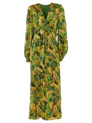 Farm Rio Parrot-print Gathered-waist Midi Dress - Green