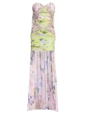 Elie Saab Floral Print Strapless Mini Dress With Ruched Detailing And Rear Cape - Pink