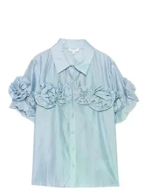 PAPER LACE Short-sleeve Shirt With Floral Appliqués - Blue