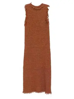 Liviana Conti Sleeveless Bouclé Midi Dress With Frayed Trims - Brown