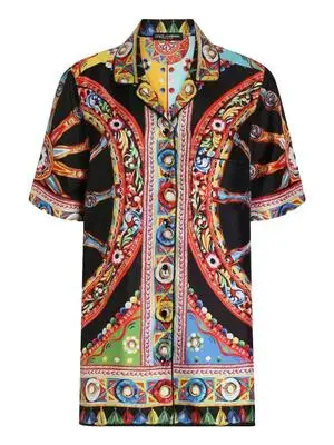 Dolce & Gabbana Carretto-print Silk Twill Short Sleeve Shirt - Black