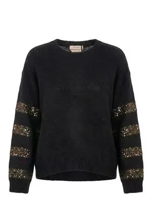 TWINSET Sequin-embellished Striped-details Crew-neck Sweater - Black