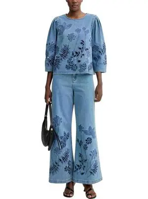 Munthe Bramble Embroidered Cut-out Denim Blouse - Blue