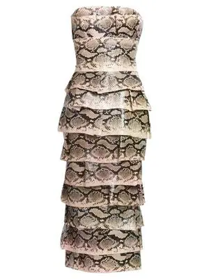 Elie Saab Tiered Snakeskin-effect Midi Dress - Neutrals