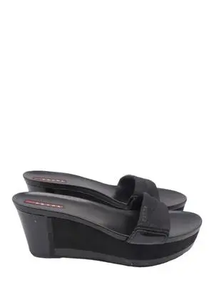 Prada Canvas Strap Open Toe Wedge Sandals - Black