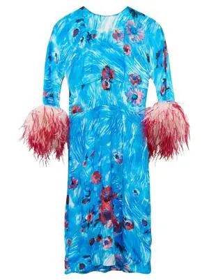 Prada 2017 Feather-trim Floral-print Midi Dress - Blue