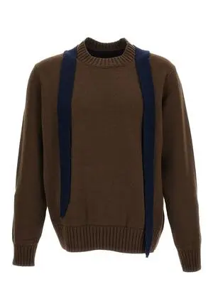 Sacai Oversize Wool Crew Neck Sweater With Contrast Fabric Detail - Marrone