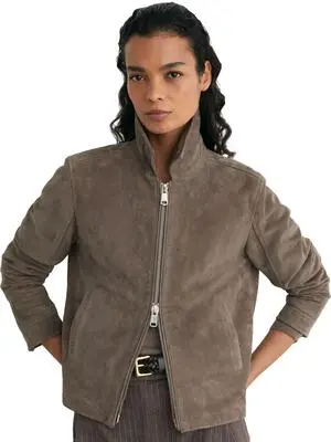 REISS Suede Zip-through Moto Jacket - Grey