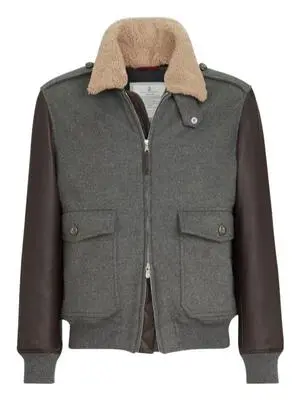 Brunello Cucinelli Bonded Cashmere Beaver Cloth And Nappa Leather Bomber Jacket With Thermore Padding And Detachable Shearling Collar - Medium Gray