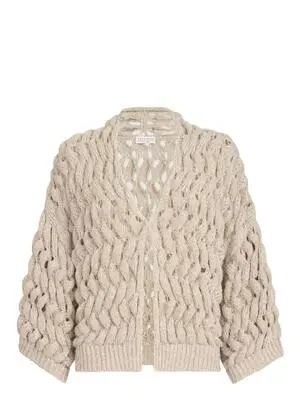 Brunello Cucinelli Silk And Linen Dazzling Waves Cardigan - Sandy Yellow