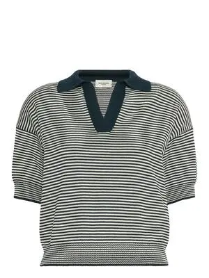 Max Mara Cotton Striped Short Sleeve Polo Sweater - Navy