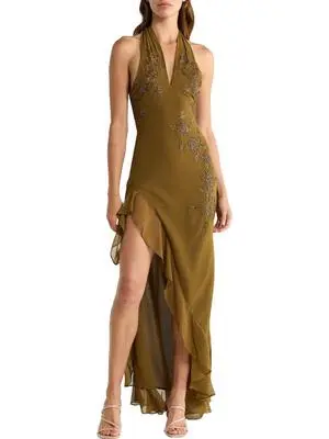 House Of Cb Raquel Georgette Halter Maxi Gown - Sage