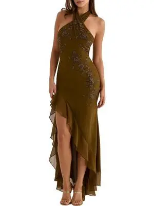 House Of Cb Raquel Georgette Halter Maxi Gown With Floral Embroidery And Ruffles - Sage