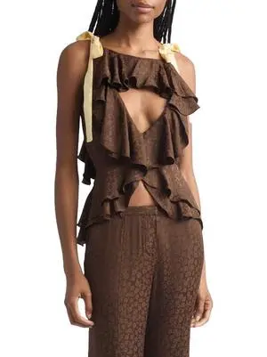SIEDRES Marian Crop Ruffle Satin Jacquard Top - Brown/yellow