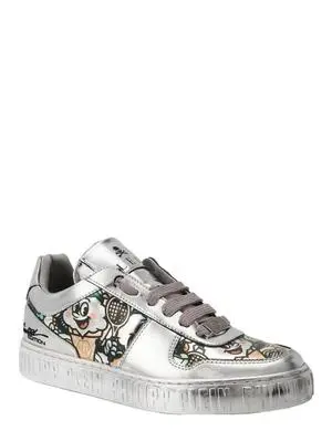 Philipp Plein Mirror Leather Low Top Sneakers With Printed Ice Cream Detail - Silver