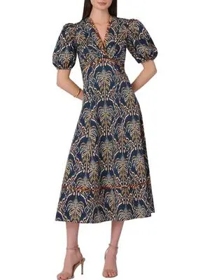 Shoshanna Balinese Palm Print Gemma Dress - Navy Multi