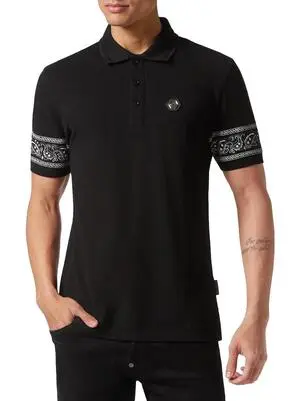 Philipp Plein Slim Fit Piquet Polo Shirt Ss Paisley Bandana - Black