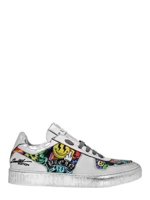 Philipp Plein Mirror Leather Lo-top Sneakers With Smile Print - Silver