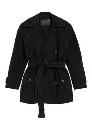 Balenciaga Cocoon Short Suede Trench Coat - Black