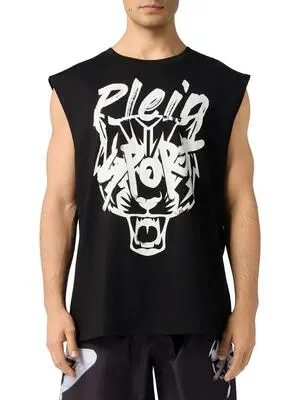 PLEIN SPORT Cotton Tank Top With Graphic Logo Print - Black