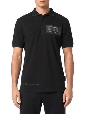 PLEIN SPORT Short-sleeved Cotton Polo Shirt With Contrasting Logo - Black