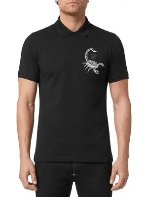 Philipp Plein Short-sleeved Cotton Polo Shirt With Contrasting Logo - Black