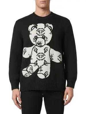 Philipp Plein Teddy Bear Print Wool Blend Crewneck Jumper - Black