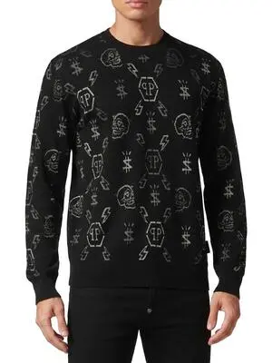 Philipp Plein Skull Motif Merino Wool Crewneck Jumper - Black
