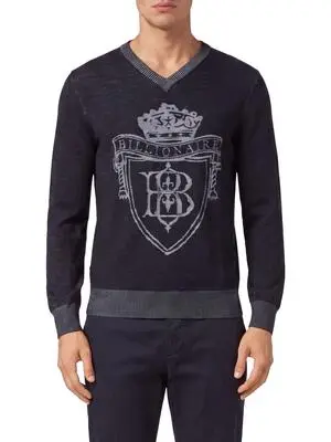 BILLIONAIRE Wool And Silk V-neck Jumper With Jacquard Crest - Blue