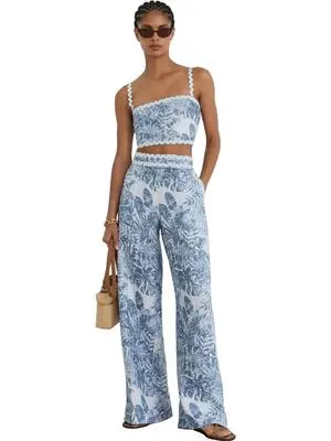 REISS Mila Petite Linen Wave-trim Printed Wide-leg Trousers