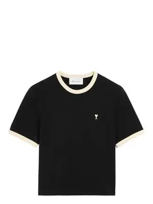 AMI Paris Black Contrasted Cotton T-shirt With Ami De Coeur Black Black/ivory