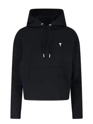 AMI Paris 100% Cotton Hooded Sweatshirt With Embroidered Heart Logo - Black