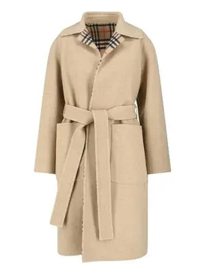 Burberry 100% Wool Belted Jacket With Classic Collar - Beige