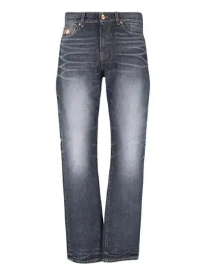 Versace Denim Jeans With Calf Leather Trim - Blue